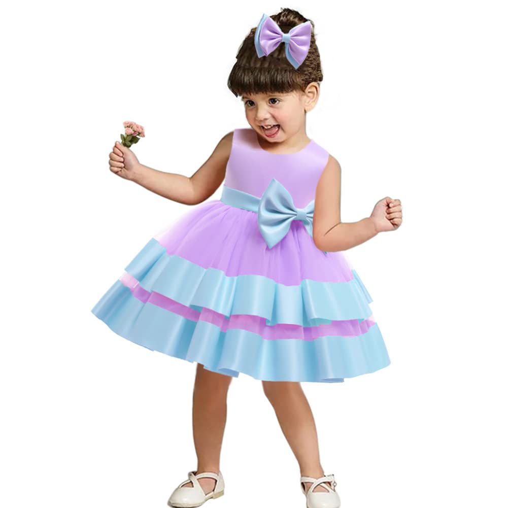 Flower Girls Bowknot Tutu Dress for Kids Baby Christening Baptism Communion Birthday Party Formal Dress Toddler Princess Pageant Wedding Bridesmaid Backless Gown + Headwear Purple + Blue 12-18 Months