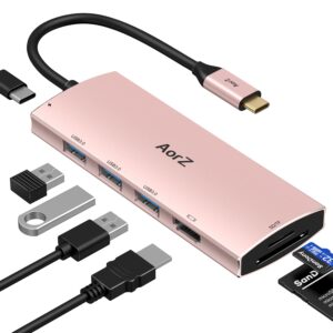 usb c hub, usb hub to hdmi multiport aorz usb c dongle adapter 7 in 1 with hdmi output,3 usb 3.0 ports,sd/micro sd port,pd charging port usb c hub (pink)