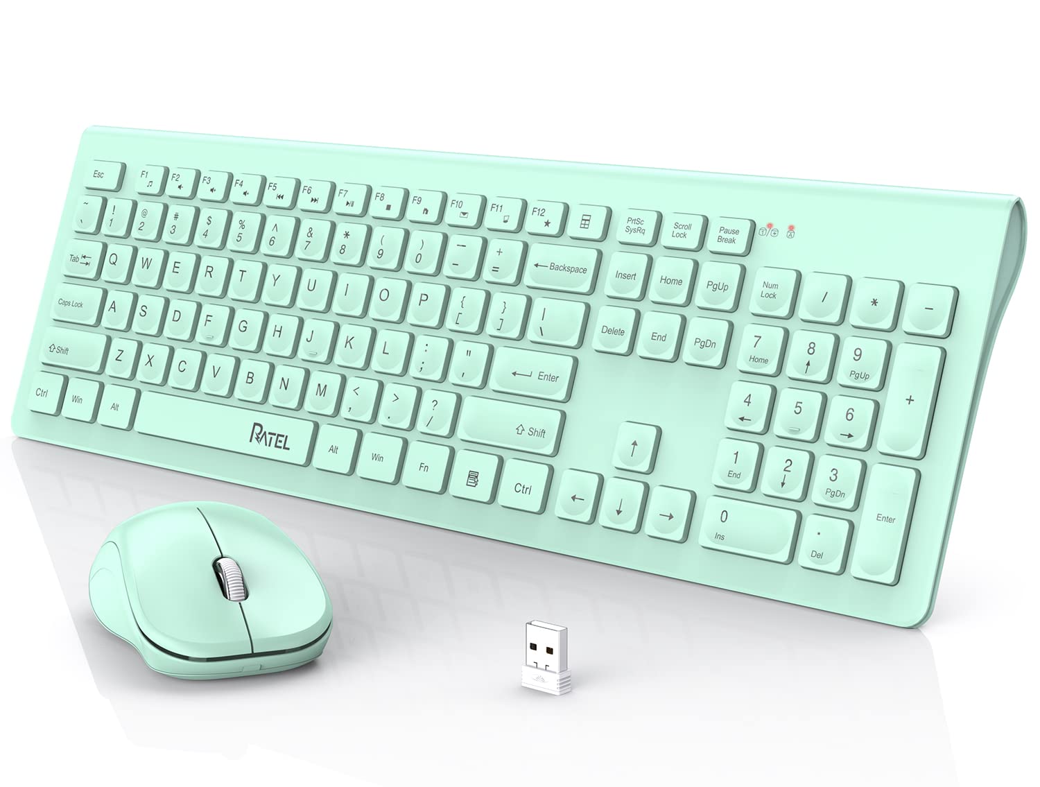 Wireless Keyboard and Mouse, 2.4GHz Ergonomic Compact Quiet Full-Size Computer Keyboard Cordless Mouse Combo with Nano USB Receiver for Windows, Laptop, PC, Notebook (Mint Green)