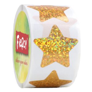 fiercy 1.5 inch gold star stickers with glitter holographic pattern, 500 pcs sparkling self-adhensive label roll, star stickers for personal and business use