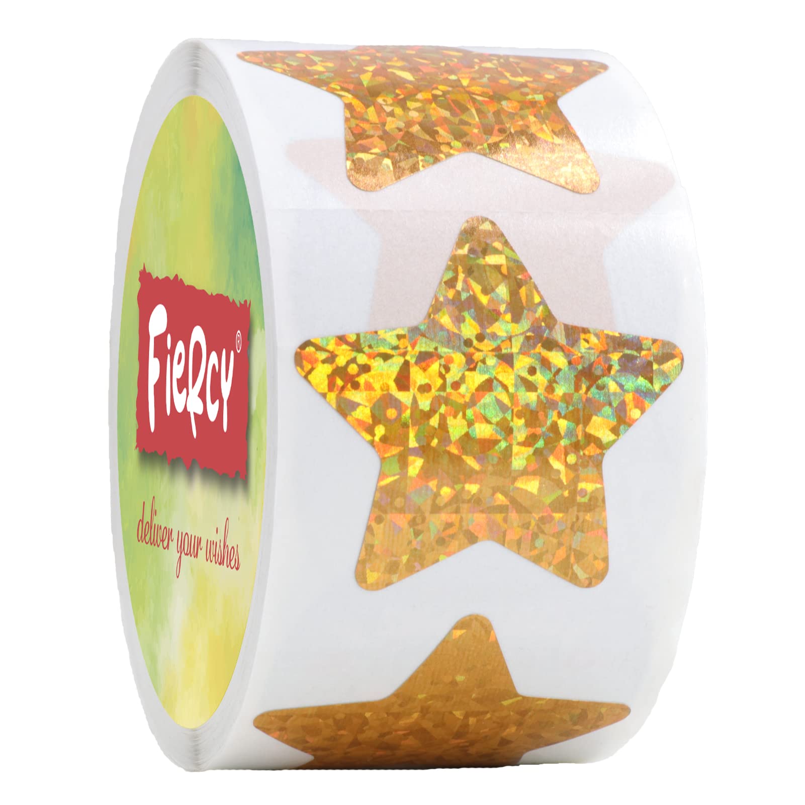 Fiercy 1.5 inch Gold Star Stickers with Glitter Holographic Pattern, 500 pcs Sparkling Self-adhensive Label Roll, Star Stickers for Personal and Business Use