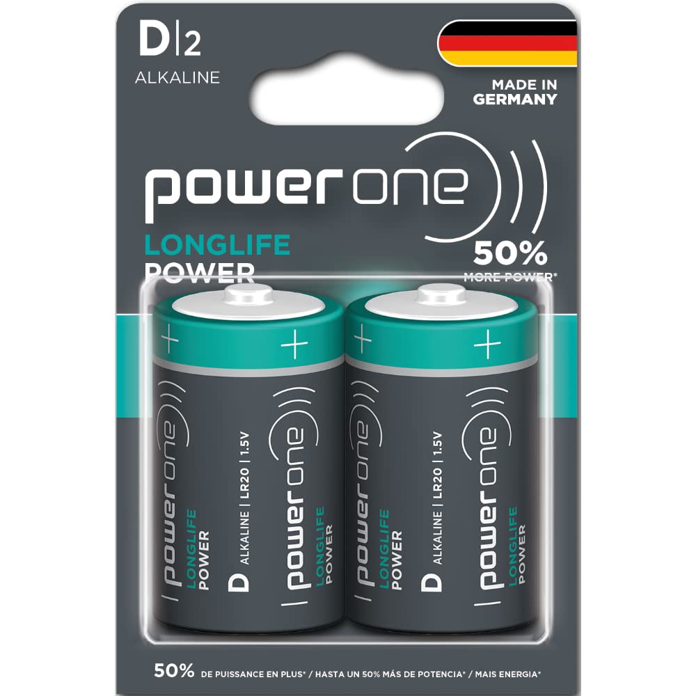 Power ONE LONGLIFE Power D Battery | Long Performing Alkaline Batteries Made in Germany with Up to 10 Years Shelf Life - Pack of 2