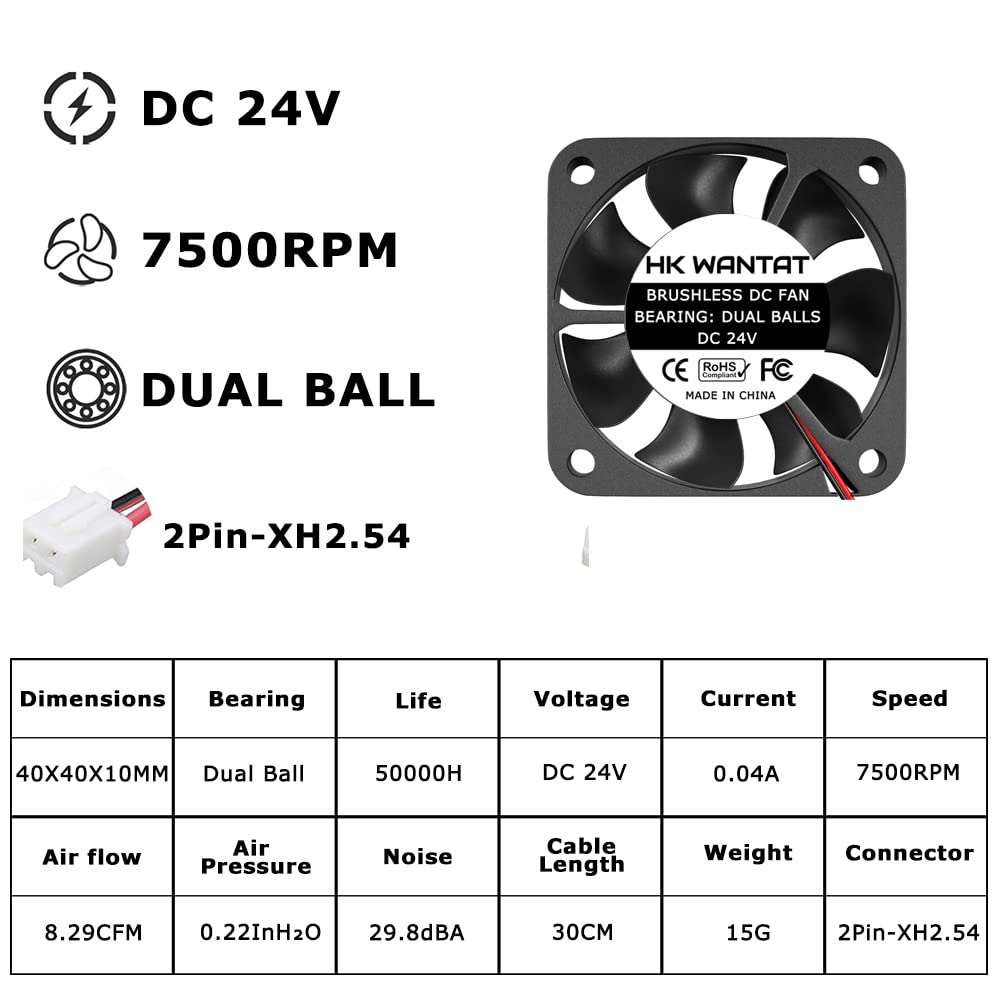 3Pcs HKWANTAT Dual Ball Bearings Brushless DC Cooling 40mm Fan 24v 4010 40x40x10mm 2-Pin