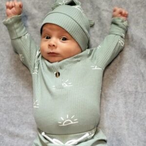 Infant Baby Boy Clothes Ribbed Knitted Sun Print Long Sleeve Romper Tops + Pants + Hat 3 Pcs Outfits (3-6 Months) Light Green