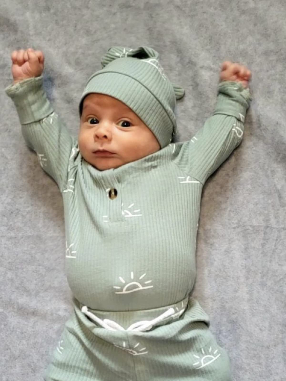 Infant Baby Boy Clothes Ribbed Knitted Sun Print Long Sleeve Romper Tops + Pants + Hat 3 Pcs Outfits (3-6 Months) Light Green