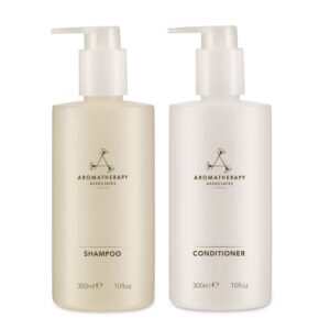 aromatherapy associates shampoo & conditioner. luxurious shampoo (10 oz) bundle with nourishing conditioner (10 oz) for healthy hair. made with essential oils for all hair types