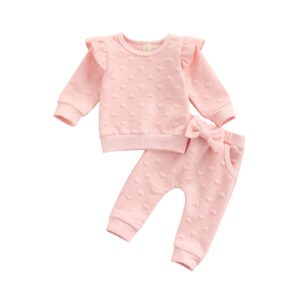 ynibbim valentine baby girl clothes set ruffle long sleeve sweatshirts tops pants heart-shape printed outfit (pink, 6-12 months)