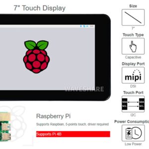 waveshare 7inch DSI LCD with Protection Case, 1024x600 Touch Screen for Raspberry Pi 4 Model B, IPS Display Toughened Glass Capacitive Monitor 5-Points Touch Driver Required