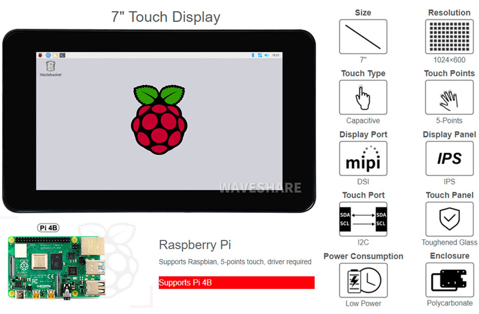 waveshare 7inch DSI LCD with Protection Case, 1024x600 Touch Screen for Raspberry Pi 4 Model B, IPS Display Toughened Glass Capacitive Monitor 5-Points Touch Driver Required