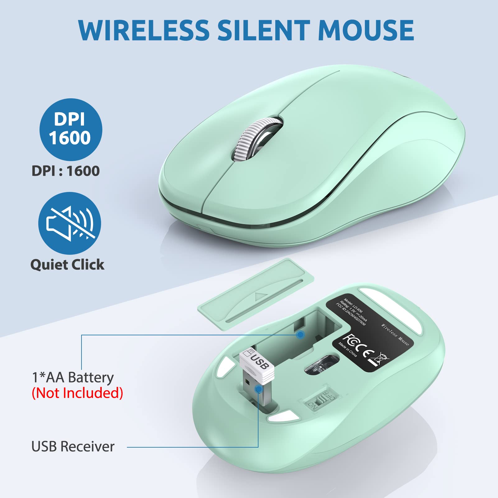 Wireless Keyboard and Mouse, 2.4GHz Ergonomic Compact Quiet Full-Size Computer Keyboard Cordless Mouse Combo with Nano USB Receiver for Windows, Laptop, PC, Notebook (Mint Green)