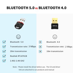 Bluetooth Adapter for PC 5.0, ALINKVITE Bluetooth Adapter for Windows 11/10/8.1/8/7, Bluetooth Dongle with Ultra-Range, Dual-Mode, USB Dongle for Keyboard, PC, Mobile, Printer, Headset, Speakers