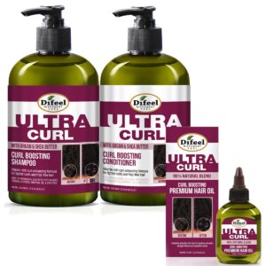 difeel ultra curl 3-pc curl boosting hair care set : ultra curl shampoo 12 oz, conditioner 12 oz and hair oil 2.5 oz. set