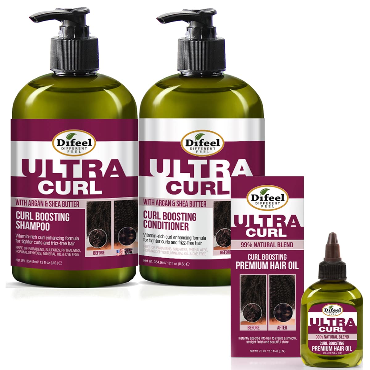 Difeel Ultra Curl 3-PC Curl Boosting Hair Care Set : Ultra Curl Shampoo 12 oz, Conditioner 12 oz and Hair Oil 2.5 oz. Set