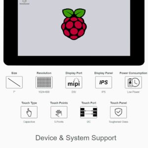 waveshare 7inch DSI LCD 1024×600 Touch Screen for Raspberry Pi 4B/3B+/3A+/Compute Module 4 (CM4)/Compute Module 3+ (CM3+) Toughened Glass IPS Display Capacitive Monitor 5-Points Touch Driver Required