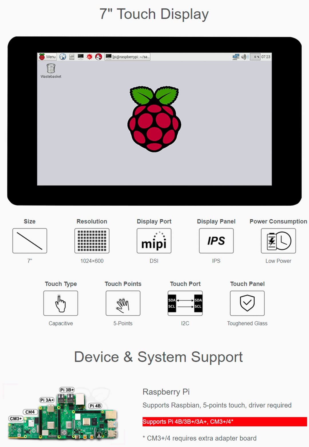 waveshare 7inch DSI LCD 1024×600 Touch Screen for Raspberry Pi 4B/3B+/3A+/Compute Module 4 (CM4)/Compute Module 3+ (CM3+) Toughened Glass IPS Display Capacitive Monitor 5-Points Touch Driver Required