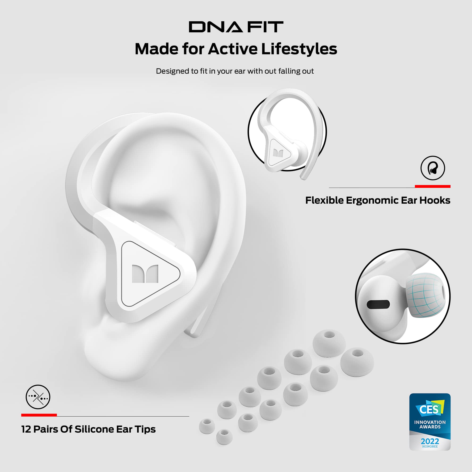 Monster DNA Fit Wireless Bluetooth Earbuds - Noise Cancelling Earbuds with Wireless Charging Case & Built-in Microphone, Water Resistant Bluetooth Headphones & Ear Buds