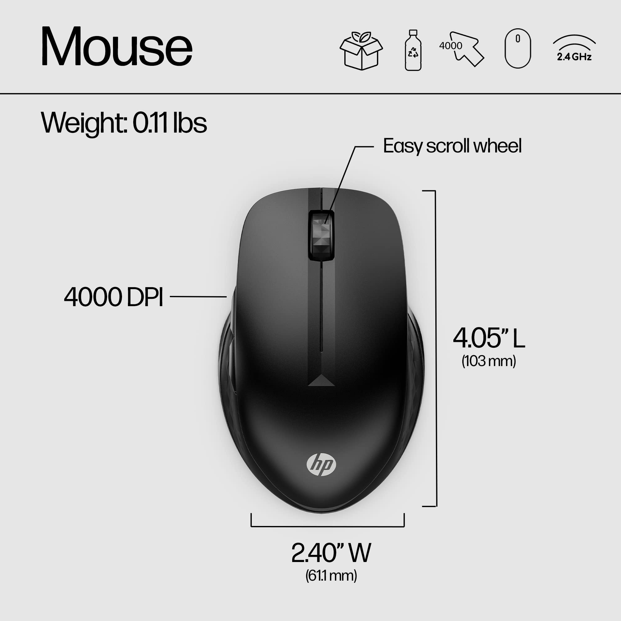 HP 430 Multi-Device Wireless Mouse (Black) - Bluetooth 5.2 & 2.4 GHz USB Receiver Dongle - 4000 DPI Cursor Tracking, 4 Customizable Buttons, 2-Year Battery - Windows, MacOS, Chromebook (3B4Q2AA#ABL)