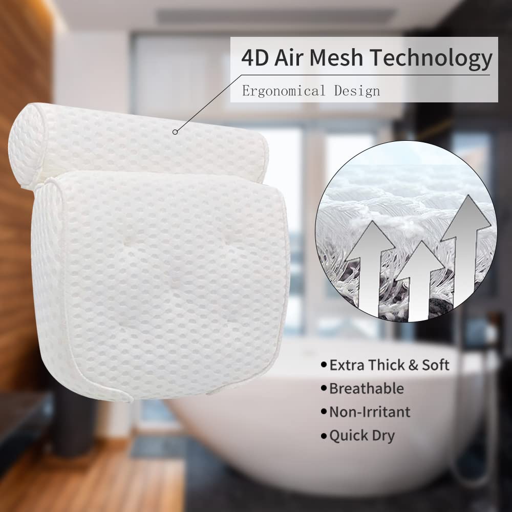 Bathtub Pillow, Bath Accessories for Women, Luxury Bath Pillows for Tub with 4D Air Mesh Technology, Ergonomic Comfort Spa Bath Pillows for Tub Neck and Back Support Extra Thick, Soft & Quick Dry