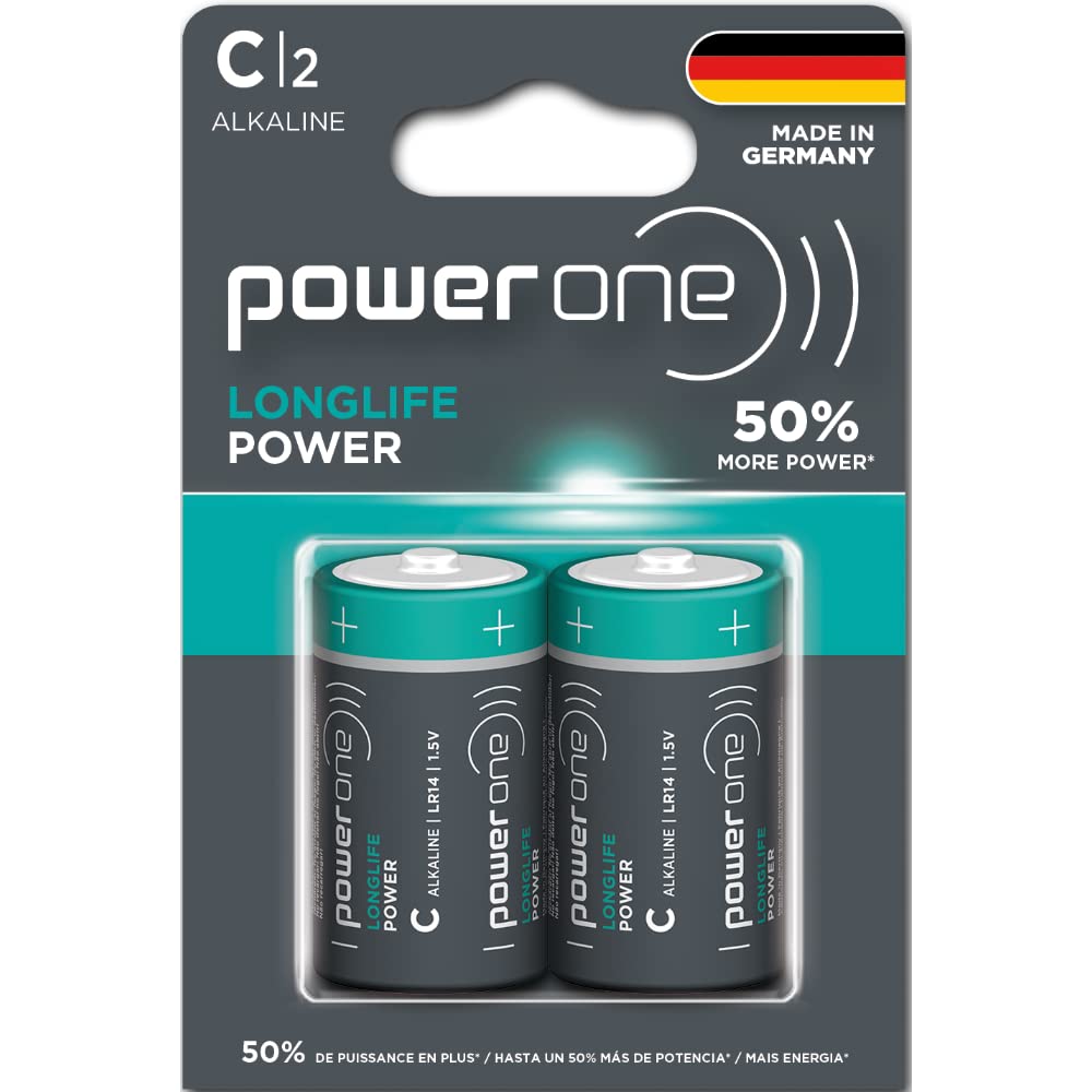 Power ONE LONGLIFE Power C Battery | Long Performing Alkaline Batteries Made in Germany with Up to 10 Years Shelf Life - Pack of 2