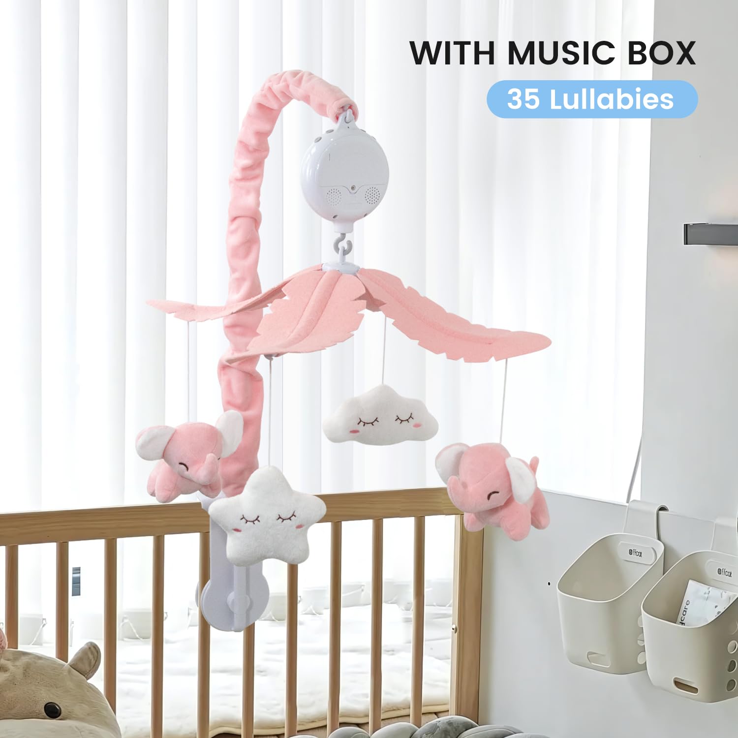 FEISIKE Baby Crib Mobile for Girls Boys with 3 Modes Digital Musical Motor（Rotating Only, Music Only, Rotating & Music, 35 Lullabies, Pink Elephant Nursery Mobile, Knob Type