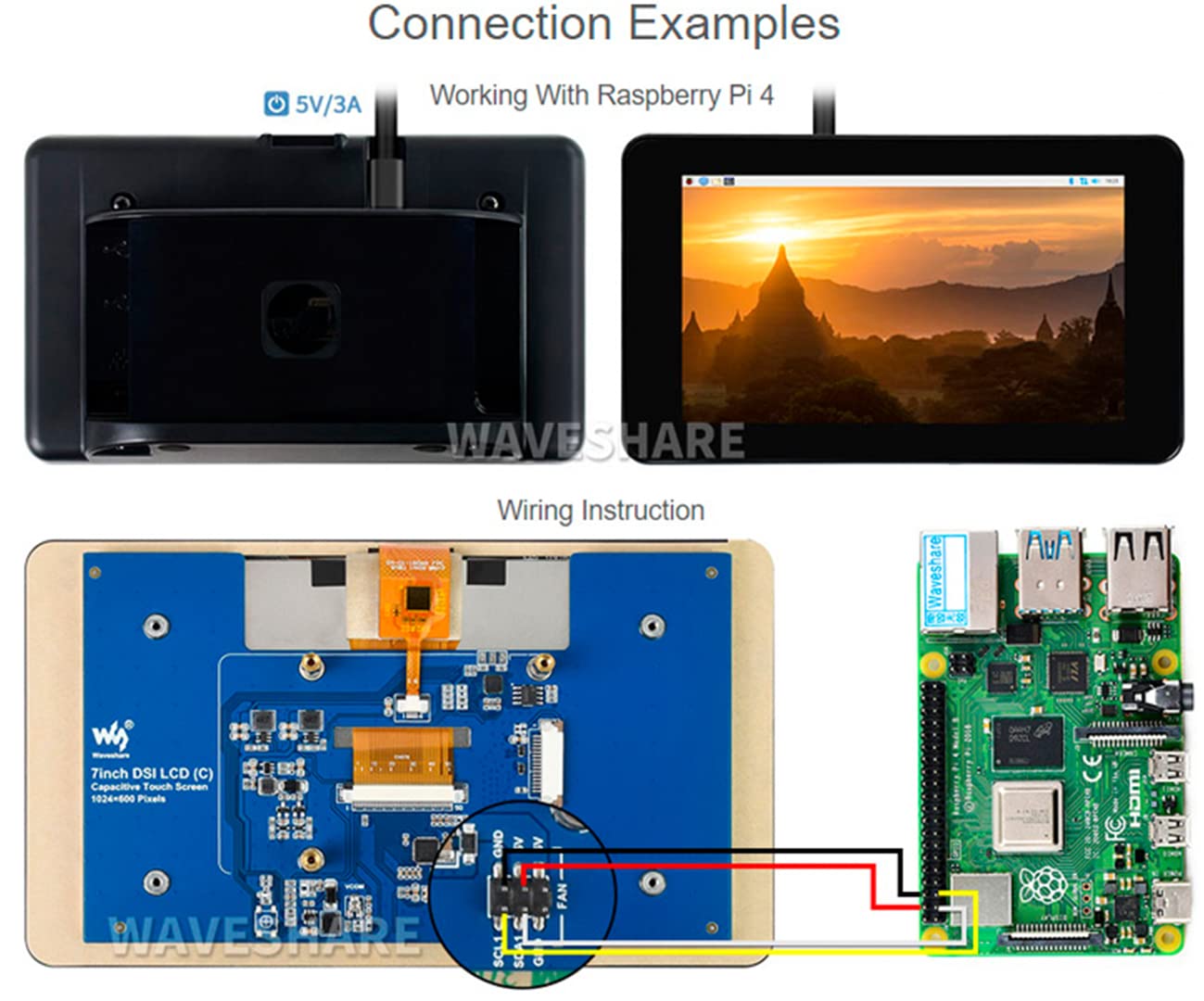 waveshare 7inch DSI LCD with Protection Case, 1024x600 Touch Screen for Raspberry Pi 4 Model B, IPS Display Toughened Glass Capacitive Monitor 5-Points Touch Driver Required