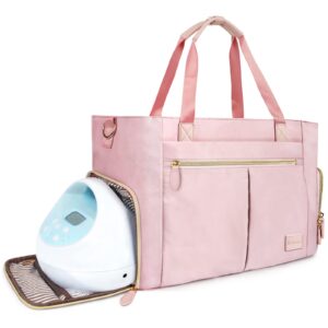 mancro breast pump bag compatible for spectra s1,s2, medela diaper bag tote with 3 insulated bottle pockets, pump bag for working moms, pink