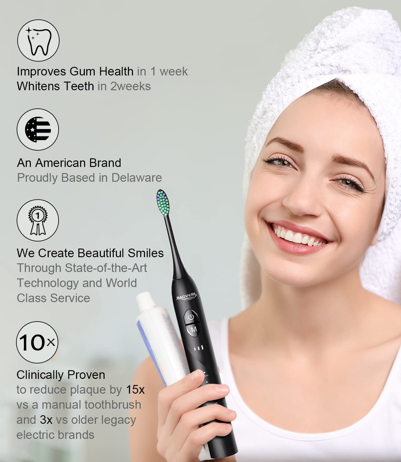 BAOVERI Electric Toothbrush with 8 Brush Heads for Adults&Kids, Ultrasonic Electric Toothbrushes, 5 Modes & 3 Intensity Levels, 2 Minutes Smart Timer, 4 Hours Fast Charge for 60 Days