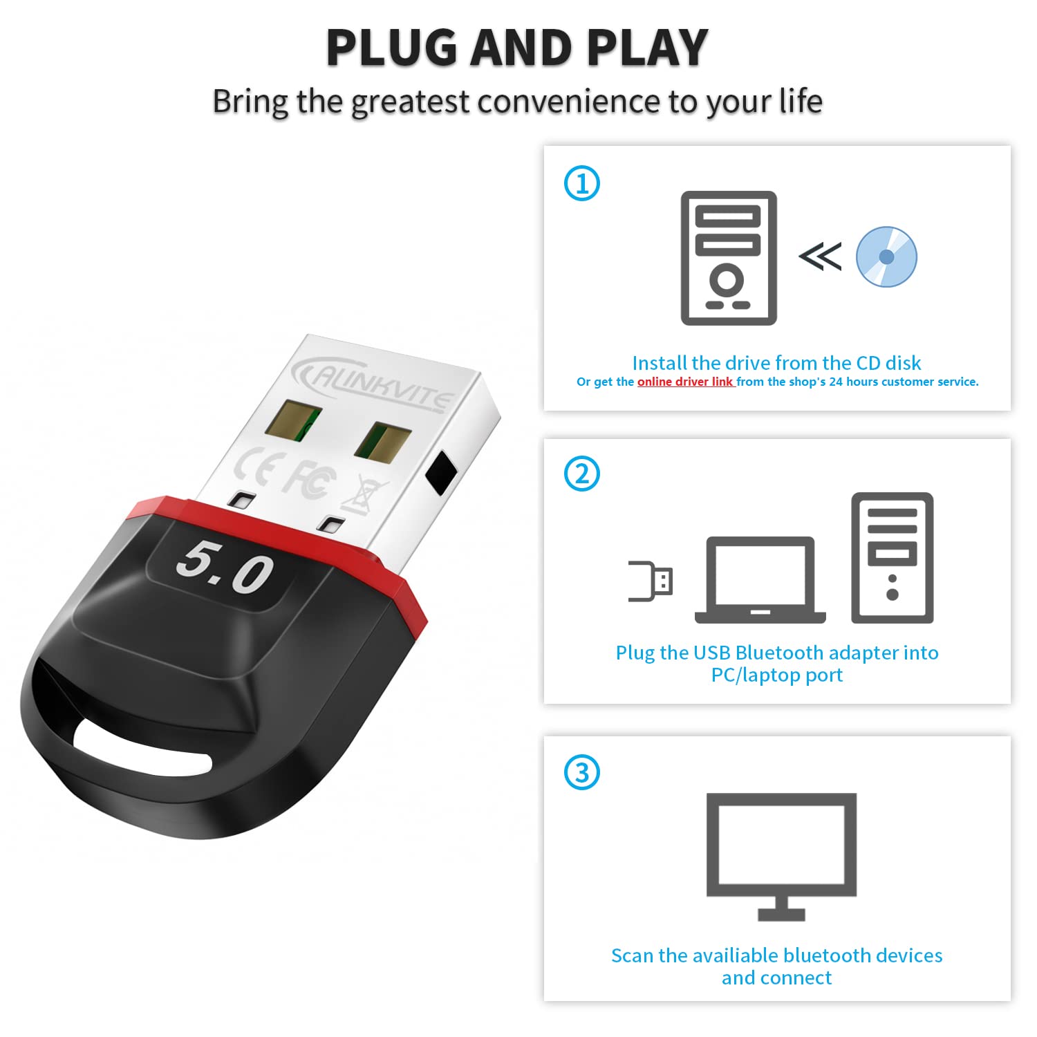 Bluetooth Adapter for PC 5.0, ALINKVITE Bluetooth Adapter for Windows 11/10/8.1/8/7, Bluetooth Dongle with Ultra-Range, Dual-Mode, USB Dongle for Keyboard, PC, Mobile, Printer, Headset, Speakers