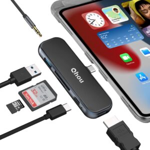 usb c hub for ipad pro, qhou 6 in 1 usb c adapter for ipad pro 2021 2020 12.9/11'', ipad air 5/4 dongle 4k hdmi, usb 3.0 port, sd/tf card reader, 100w pd fast charging, headphone jack