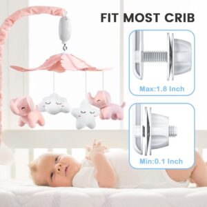 FEISIKE Baby Crib Mobile for Girls Boys with 3 Modes Digital Musical Motor（Rotating Only, Music Only, Rotating & Music, 35 Lullabies, Pink Elephant Nursery Mobile, Knob Type