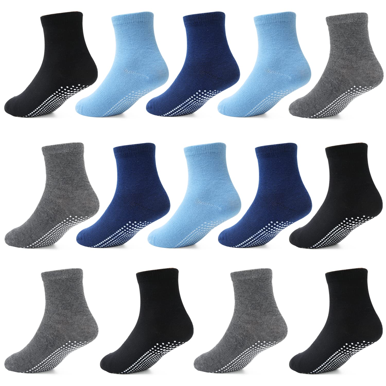 Non Slip Toddler Socks 14 Pack Anti Skid Sticky Baby Socks Cotton Socks for 0-5 Years Little Boys Girls Kids Children (04 Black*4+dark grey*4+navy blue*3+blue*3, 3-5T)