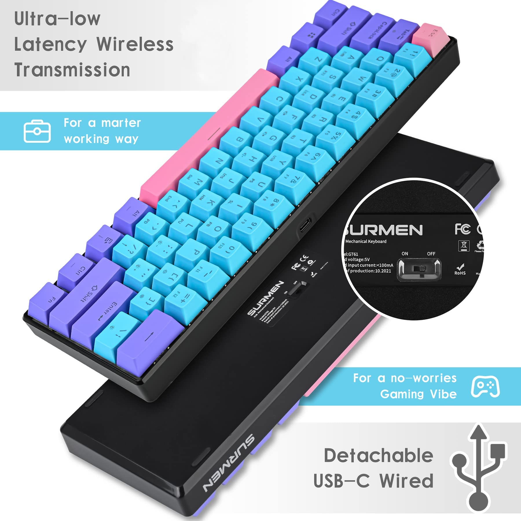 surmen 60% Wireless Gaming Keyboard 60 Percent RGB Backlit Hot-Swappable GT61 Mini Mechanical Keyboard Bluetooth Programmable (Gateron Yellow, Joker)