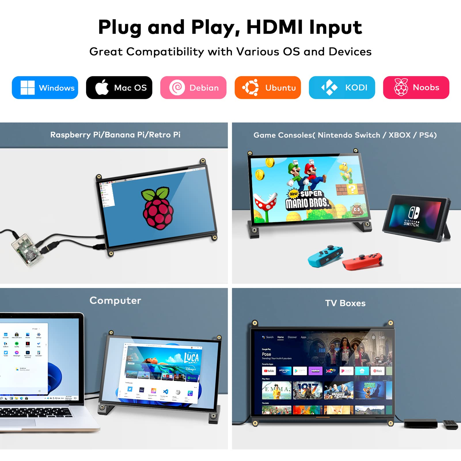 NORSMIC Raspberry Pi Screen, 7 inch Monitor, IPS HD 1024×600, Responsive Capacitive Touch,Dual Built-in Speakers,HDMI Input,Compatible with Various Devices and OS,Easy Assembly,Driver Free