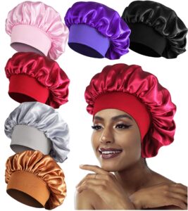 6pcs satin bonnets for black women, large braids bonnet wide band hair bonnets, a