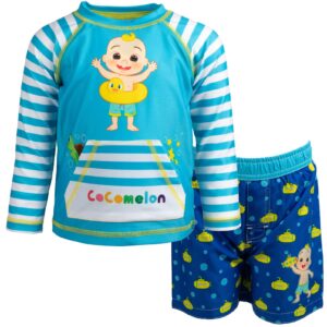 cocomelon jj infant baby boys rash guard and swim trunks outfit set blue 24 months