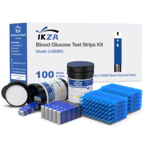 ikza g-666bs blood glucose test strips, include 100 diabetes blood test strips and 100 lancets compatible g-666b, pain reduction design, glucometer accessories, glucose meter test strips for home use