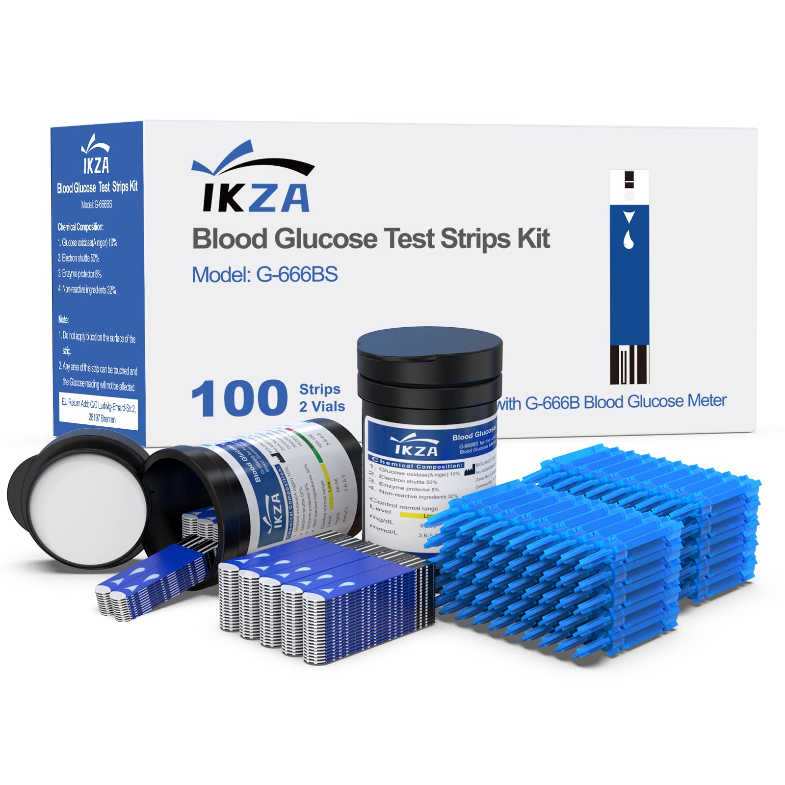 IKZA G-666BS Blood Glucose Test Strips, Include 100 Diabetes Blood Test Strips and 100 Lancets Compatible G-666B, Pain Reduction Design, Glucometer Accessories, Glucose Meter Test Strips for Home Use