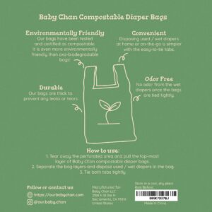 Baby Chan Compostable Disposable Diaper Sacks, 100 pcs, Unscented, Easy-To-Tie Handles, Convenient Diaper Disposal or Waste Bags at Home or While Traveling