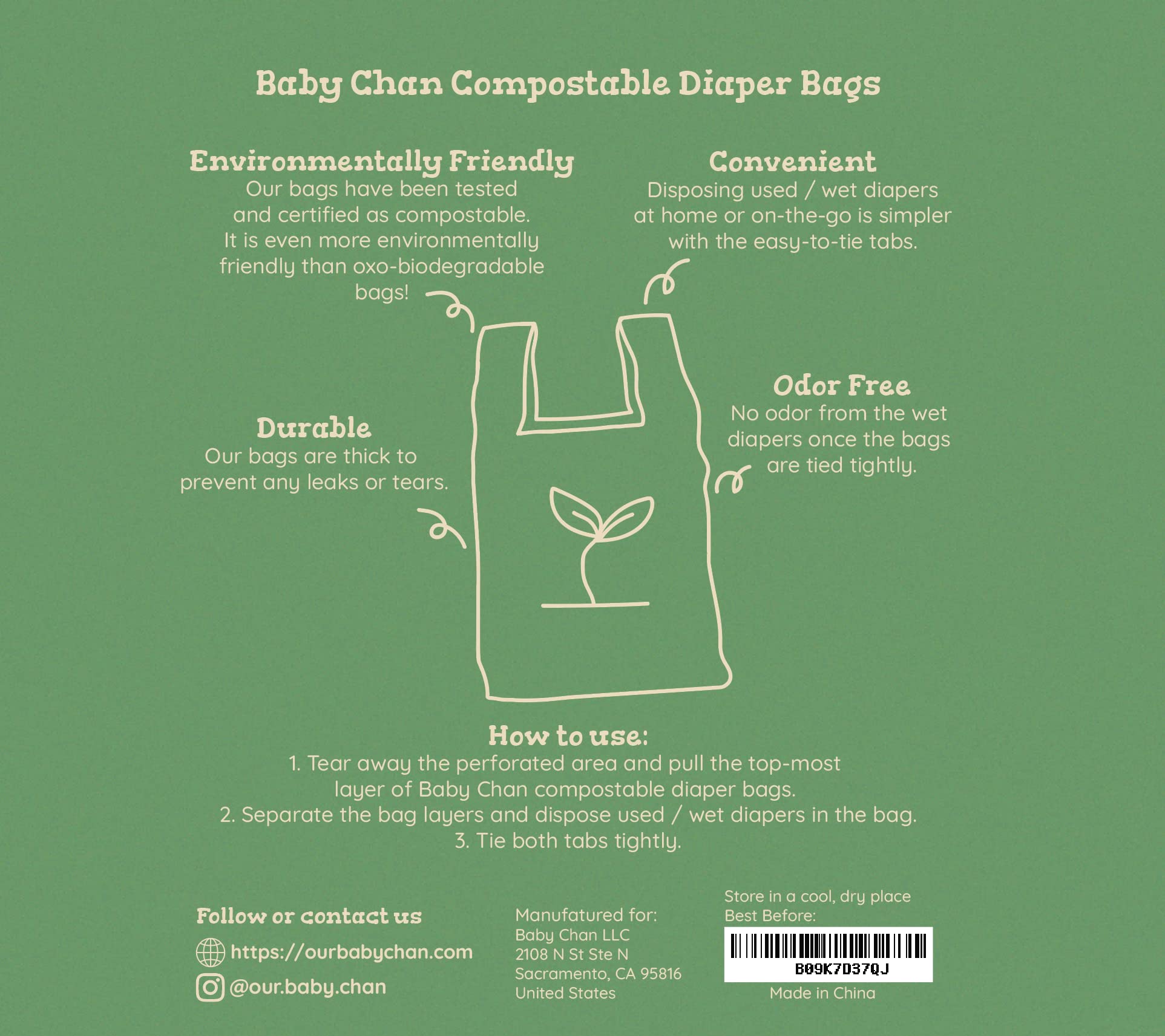 Baby Chan Compostable Disposable Diaper Sacks, 100 pcs, Unscented, Easy-To-Tie Handles, Convenient Diaper Disposal or Waste Bags at Home or While Traveling