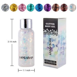 KIMIEYE Mermaid Sequins Body Glitter Gel Set of 2 Bottle, Long Lasting Holographic Glitter Liquid Body Makeup for Women, Waterproof Face Glitter Gel Total 9 Colors Available (#9 White - (2 Bottle))