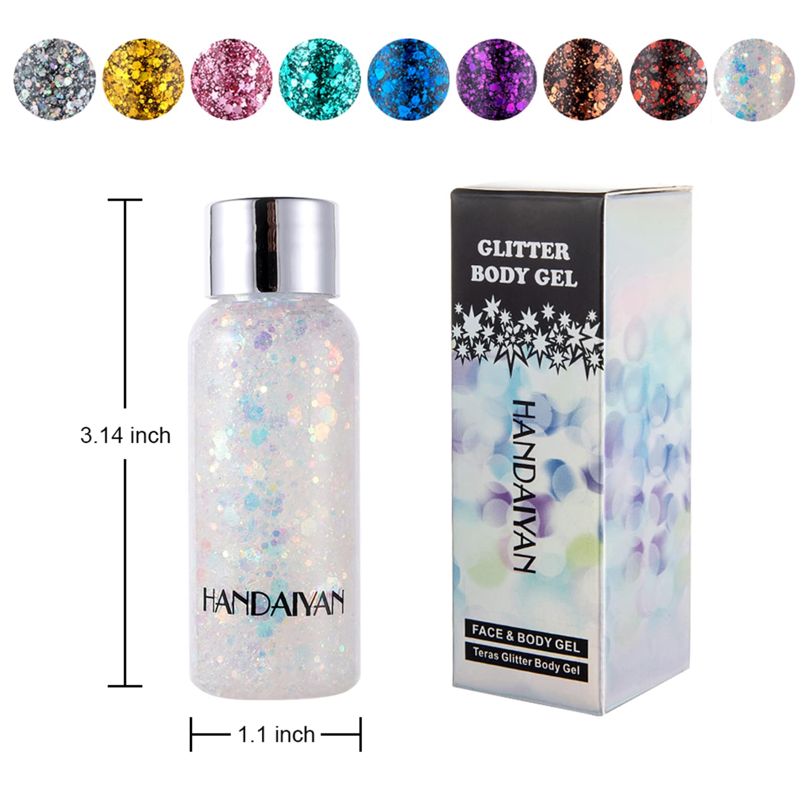 KIMIEYE Mermaid Sequins Body Glitter Gel Set of 2 Bottle, Long Lasting Holographic Glitter Liquid Body Makeup for Women, Waterproof Face Glitter Gel Total 9 Colors Available (#9 White - (2 Bottle))