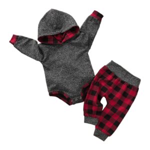 odasira newborn baby boy clothes fall winter infant outfits long sleeve hoodie romper + red plaid pants set grey 0-3 months 70cm