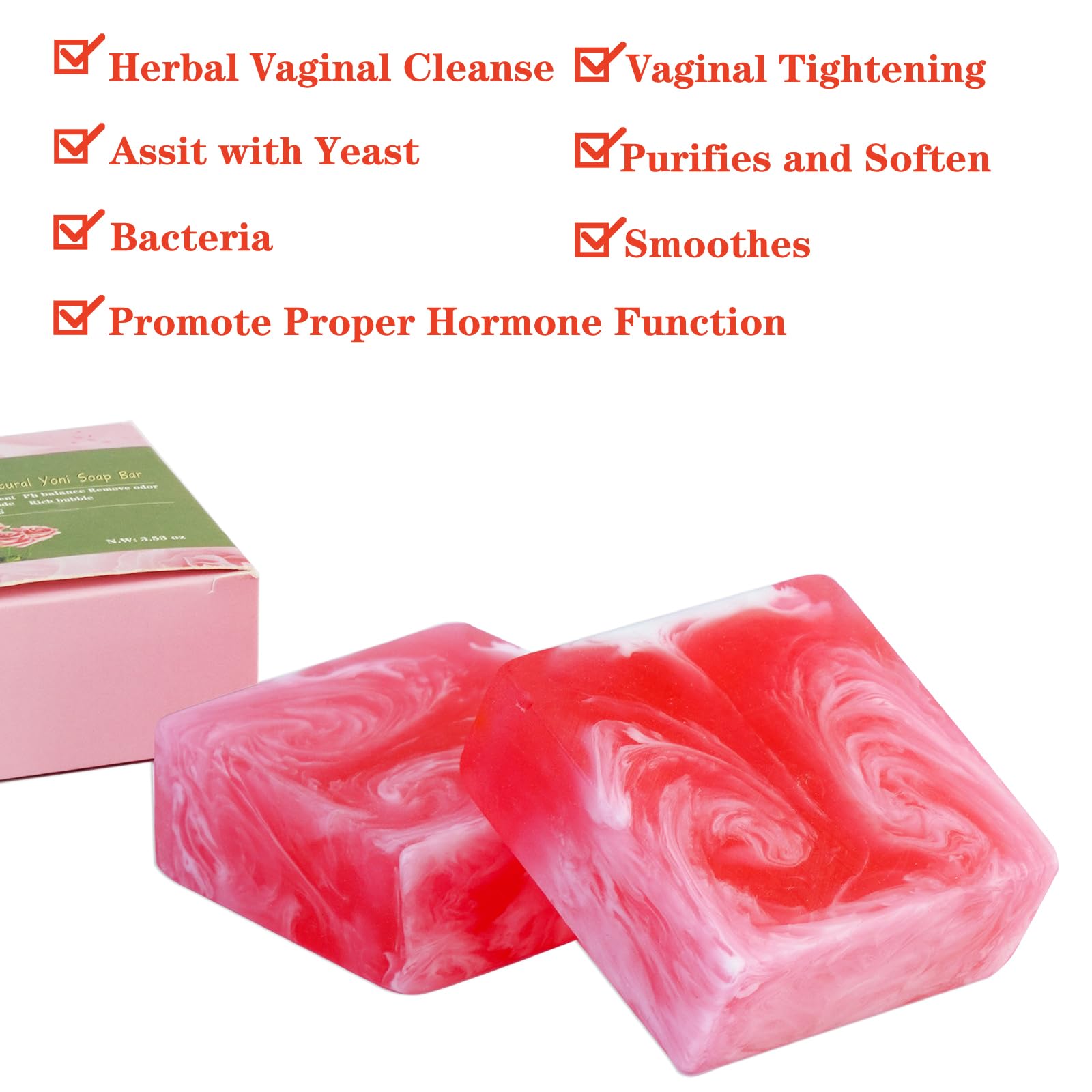 2 PCS Yoni Soap Bars for Women, 100% Handmade Natural Yoni Bar PH Balanced & V Cleansing Bar Soap for Women, All Natural Soap Bar with Bubble Foam Net, Yoni Wash Away Odor 3.53oz/100g (pink)