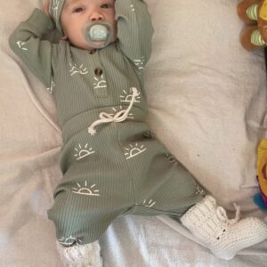 Infant Baby Boy Clothes Ribbed Knitted Sun Print Long Sleeve Romper Tops + Pants + Hat 3 Pcs Outfits (3-6 Months) Light Green