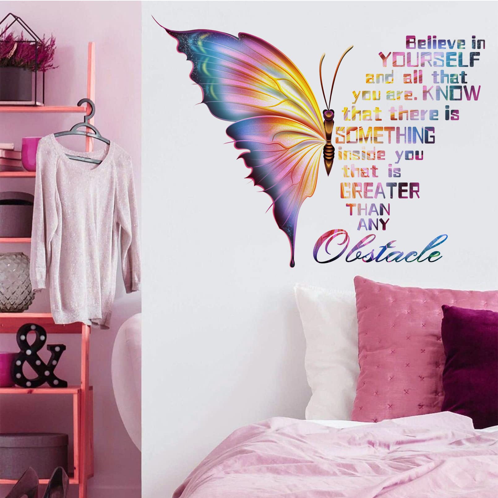 Mfault Inspirational Butterfly Believe in Yourself Quote Wall Decals Stickers, Large Motivational Saying Decoration Teens Girls Bedroom Living Room Art, Positive Phrase Women Home Kitchen Decor