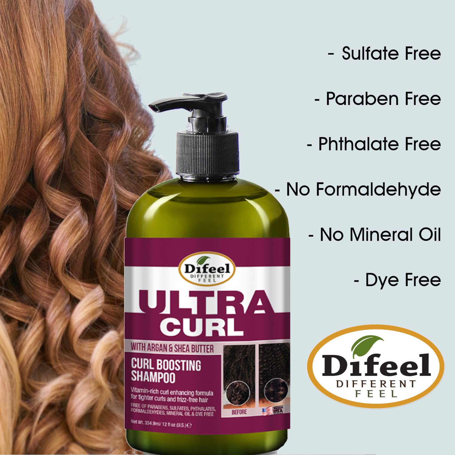 Difeel Ultra Curl 3-PC Curl Boosting Hair Care Set : Ultra Curl Shampoo 12 oz, Conditioner 12 oz and Hair Oil 2.5 oz. Set