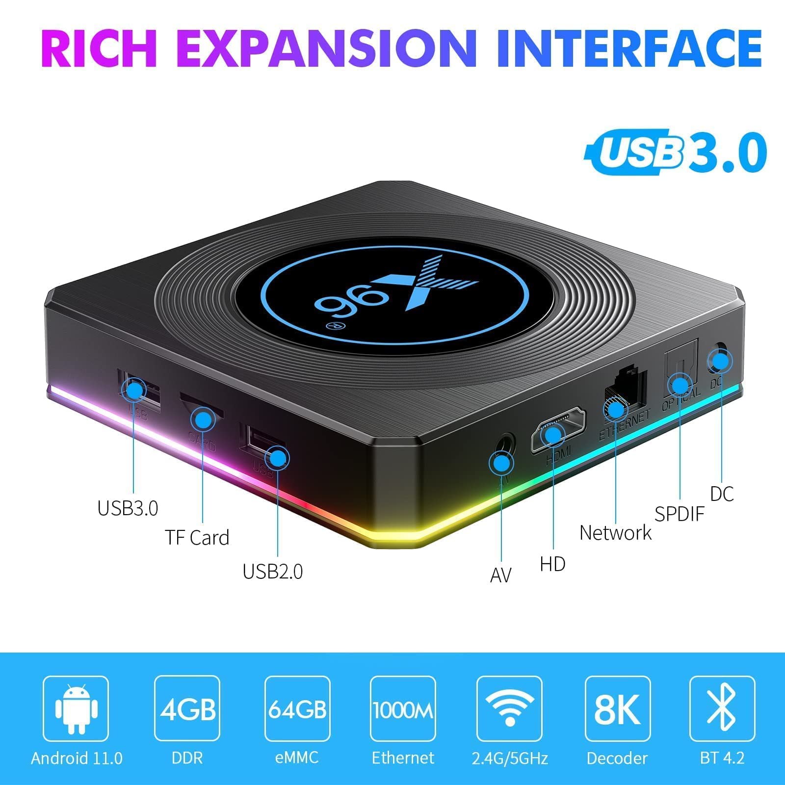 Android TV Box 11.0, X96 X4 Android 11 TV Box 4GB RAM 64GB ROM Amlogic S905X4 Quad-Core 64bits with Wireless Keyboard, 1000M LAN Dual-WiFi 2.4G/5G Android Box with 8K/6K/AV1/3D/USB 3.0/BT 4.2