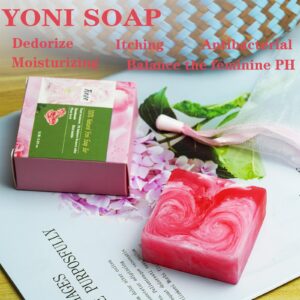 2 PCS Yoni Soap Bars for Women, 100% Handmade Natural Yoni Bar PH Balanced & V Cleansing Bar Soap for Women, All Natural Soap Bar with Bubble Foam Net, Yoni Wash Away Odor 3.53oz/100g (pink)