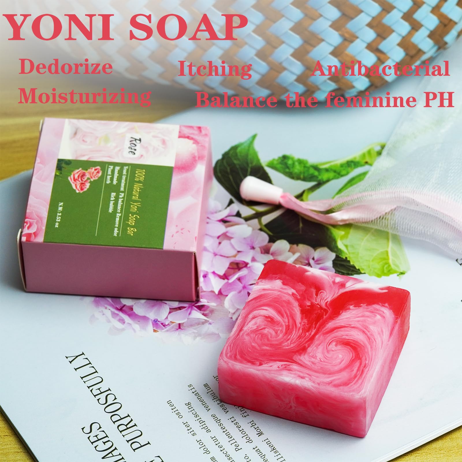 2 PCS Yoni Soap Bars for Women, 100% Handmade Natural Yoni Bar PH Balanced & V Cleansing Bar Soap for Women, All Natural Soap Bar with Bubble Foam Net, Yoni Wash Away Odor 3.53oz/100g (pink)