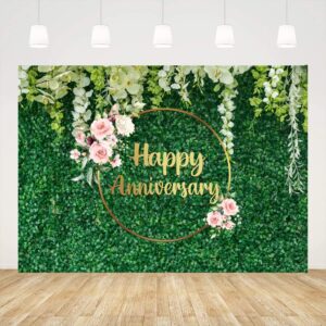 ticuenicoa 7x5ft green grass wall floral happy anniversary backdrop for flower love cheers to 10 years 50th wedding birthday party supplies decorations banner photo booth props gifts background